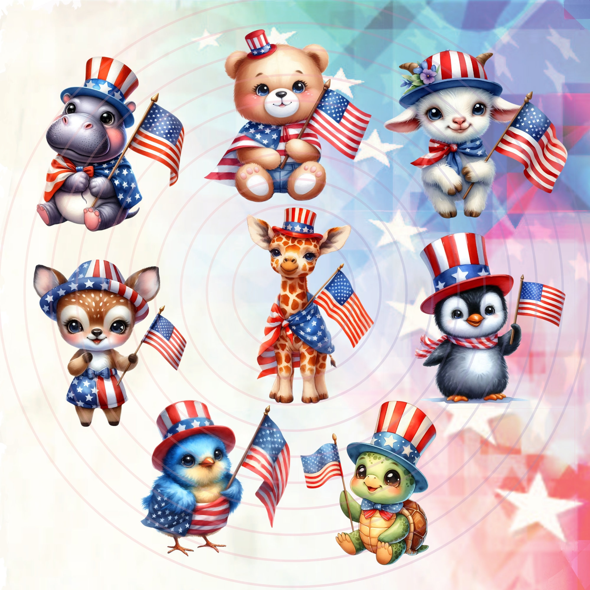 4th of July Animals Clipart Bundle, Watercolor Patriotic Animals ...