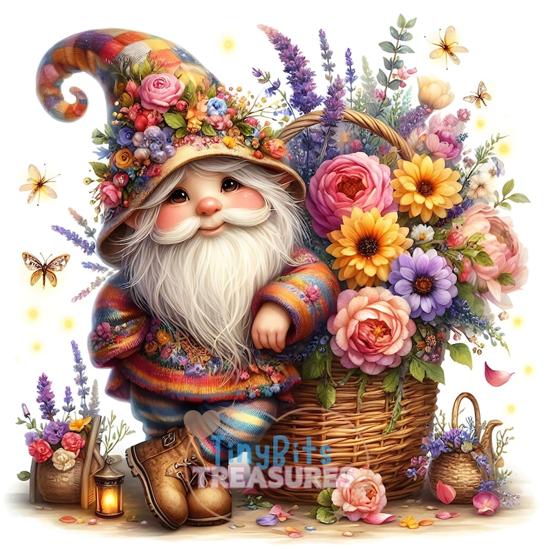 Spring Gnome Clipart, Floral Cute Gnome JPG, Whimsical Garden Gnome ...