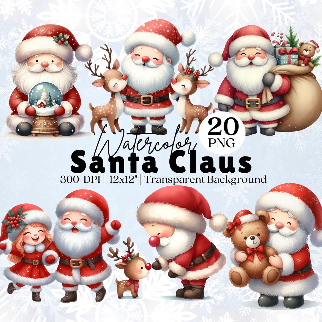 Watercolor Santa Clipart Bundle, Christmas Cute Santa Claus, Cute Santa ...