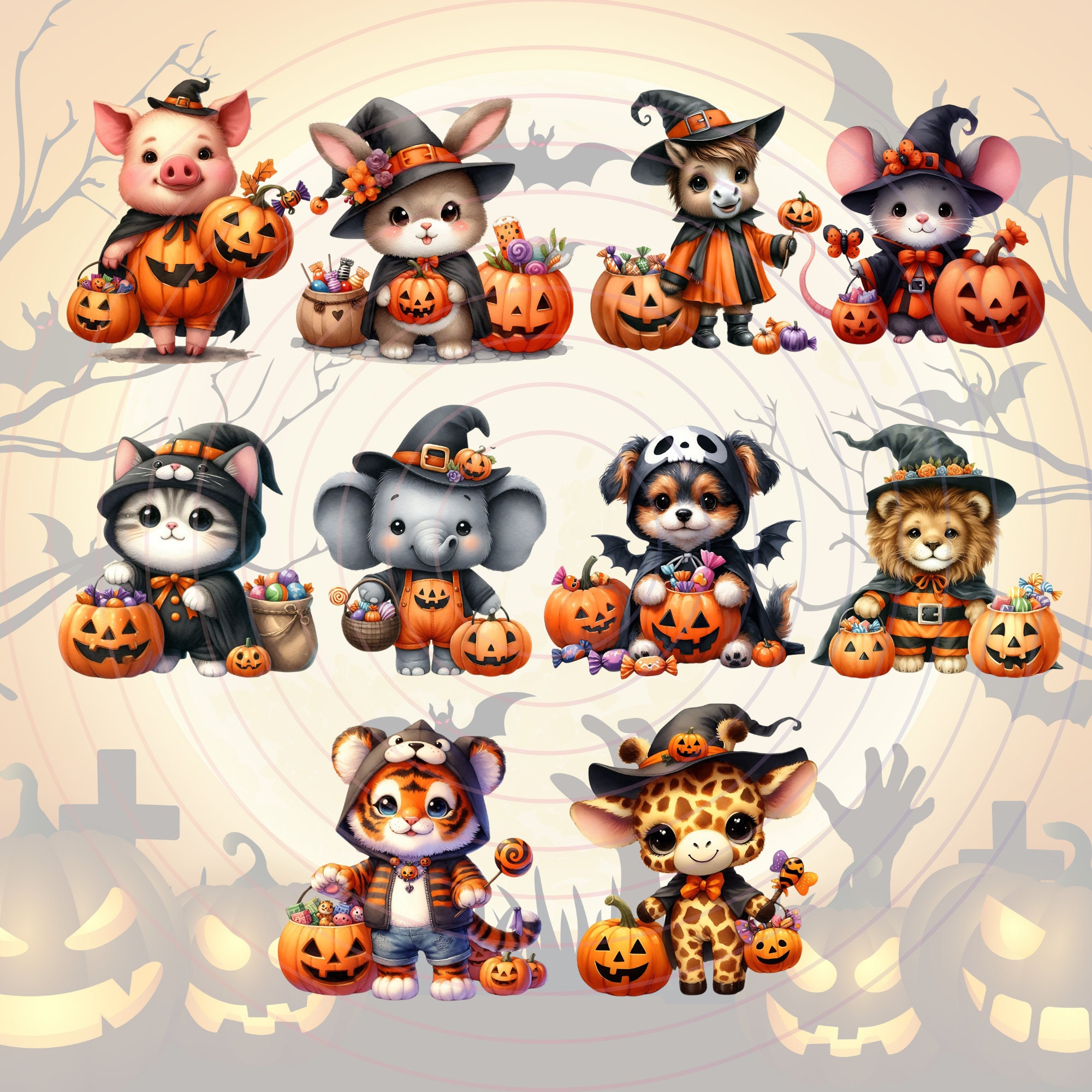 Watercolor Halloween Animals Clipart Bundle, Spooky Cute Halloween for ...