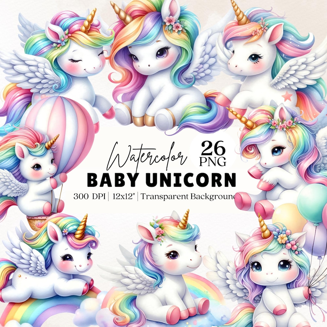 Watercolor Unicorn Clipart Bundle, Baby Unicorn PNG Files, Rainbow ...