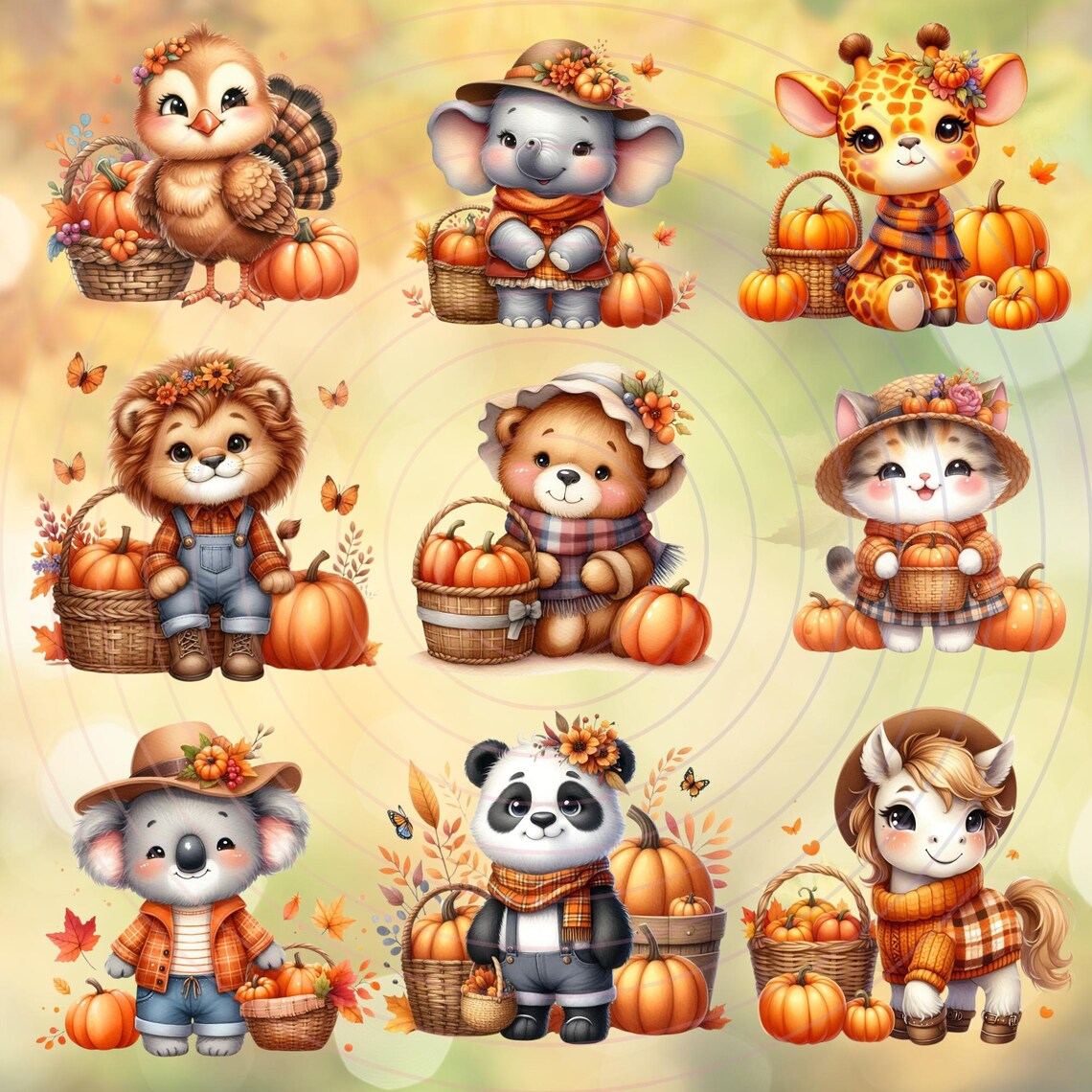Fall Cute Animals PNG Bundle, Autumn Animals, Watercolor Baby Animals ...