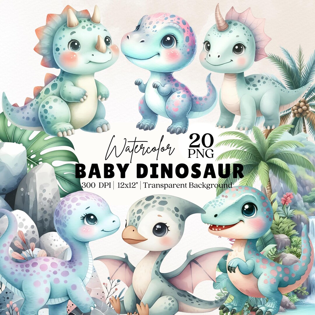 Watercolor Cute Dinosaur Clipart, Kids Birthday Party, Dino Birthday ...