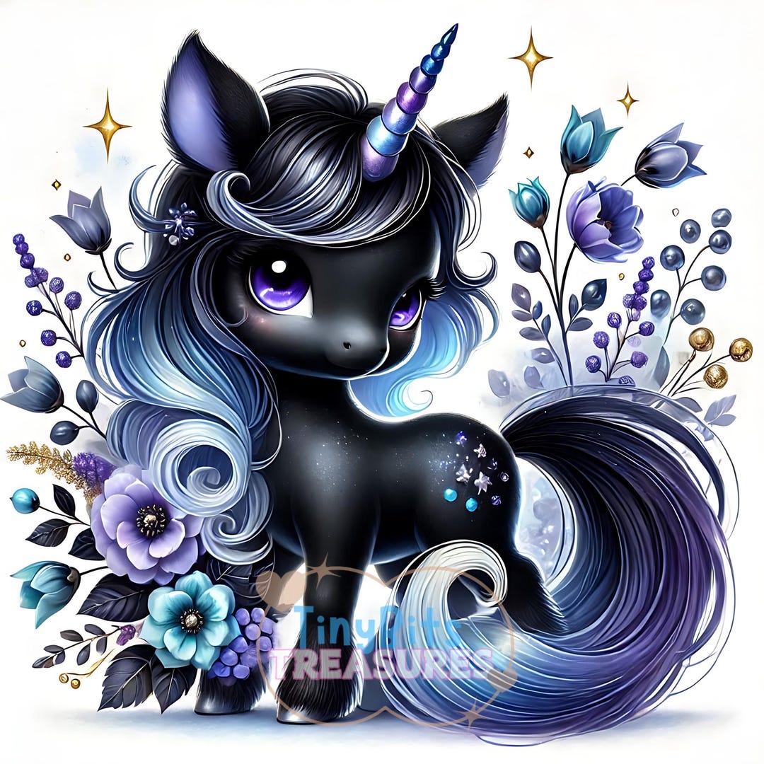 Black Baby Unicorn Clipart, Cute Baby Unicorn JPG, Floral Unicorn ...