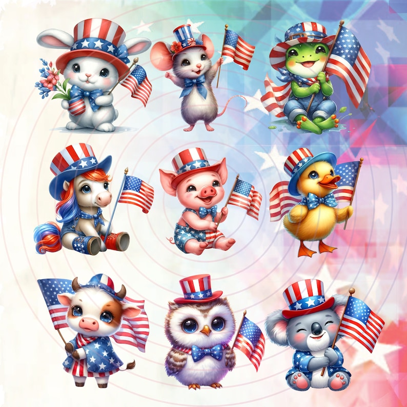 4th of July Animals Clipart Bundle, Watercolor Patriotic Animals ...