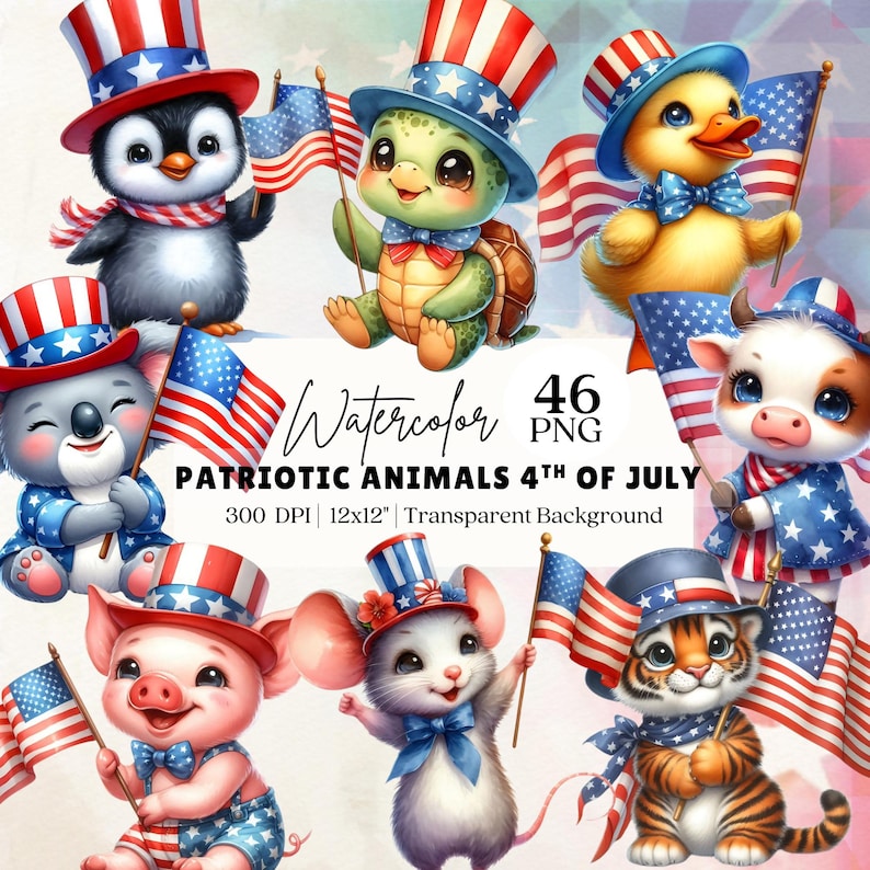 4th of July Animals Clipart Bundle, Watercolor Patriotic Animals ...