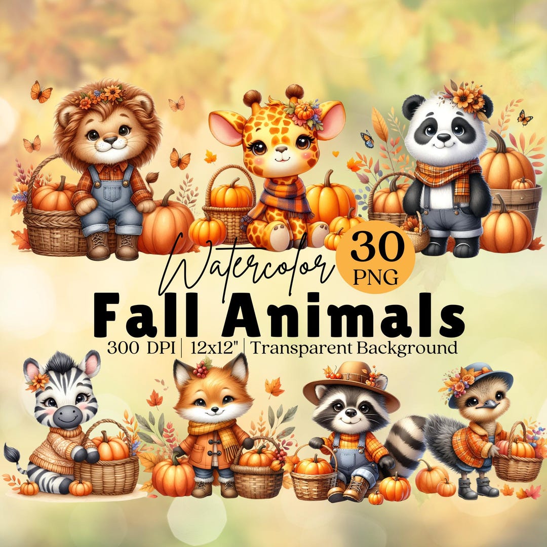 Fall Cute Animals PNG Bundle, Autumn Animals, Watercolor Baby Animals ...