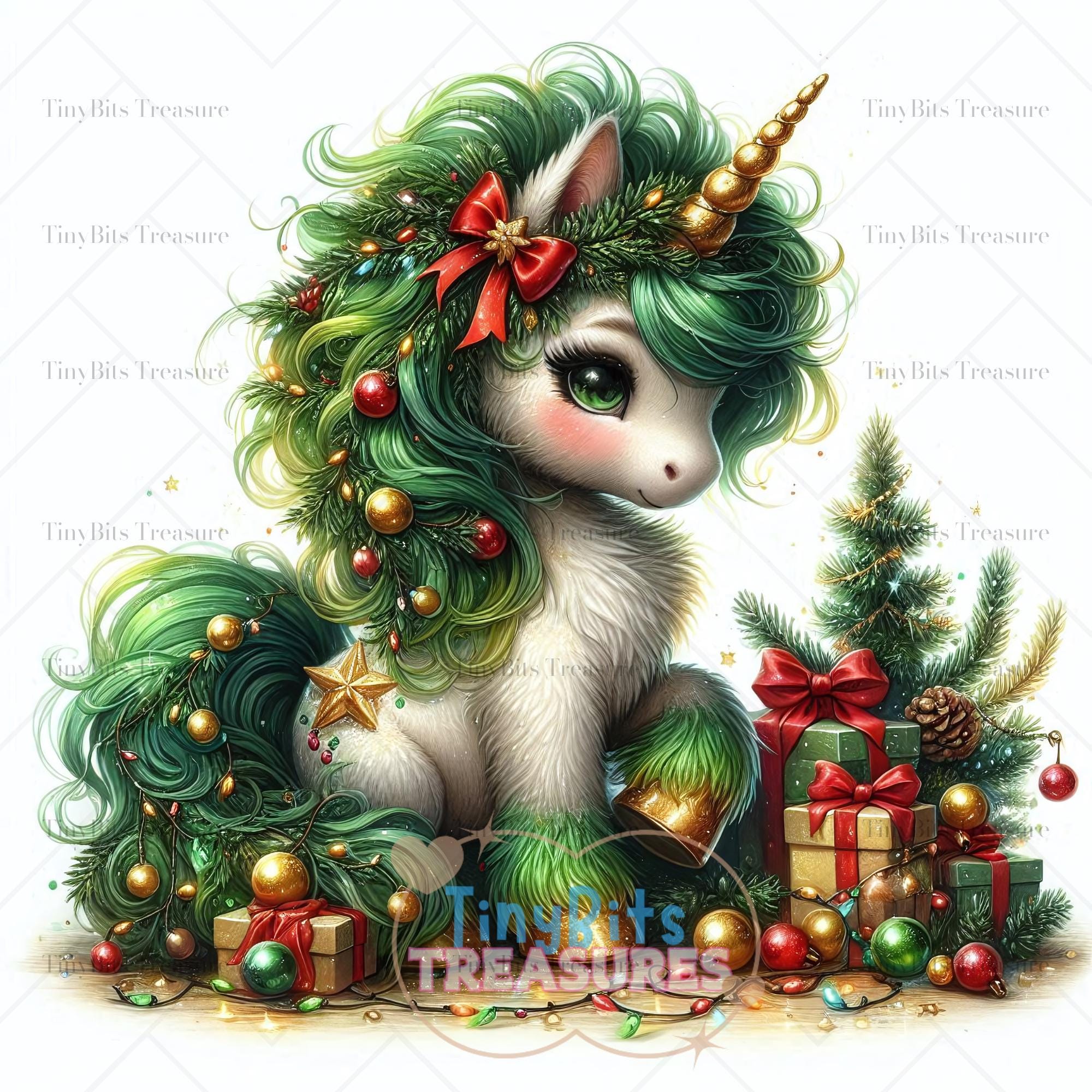 Christmas Unicorn Clipart: Tree Decor, Fantasy Art (15 JPG Digital ...
