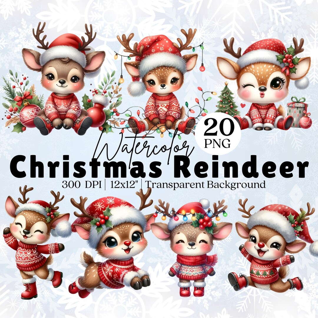 Christmas Reindeer Clipart Bundle, Cute Reindeer Christmas PNG, Cute ...