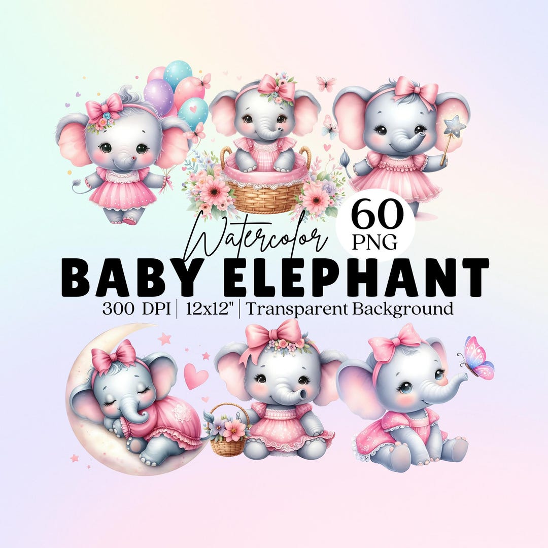 Baby Elephant Clipart, Baby Girl Elephant, Pink Elephant, Baby Shower ...