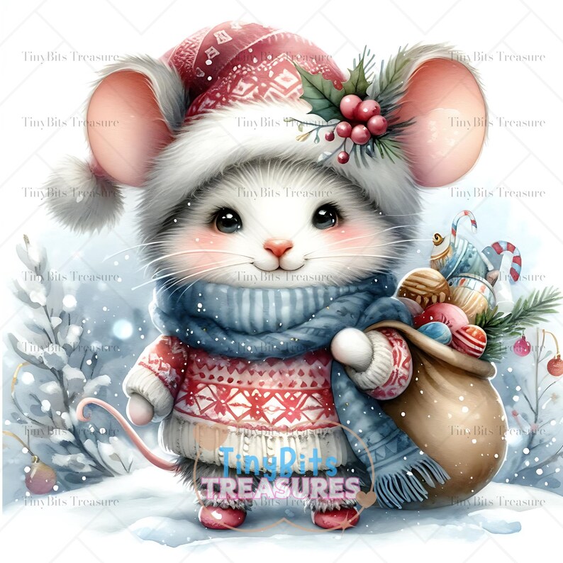 Christmas Mouse Clipart, 15 JPG Watercolor Cute Mouse, Christmas Decor ...