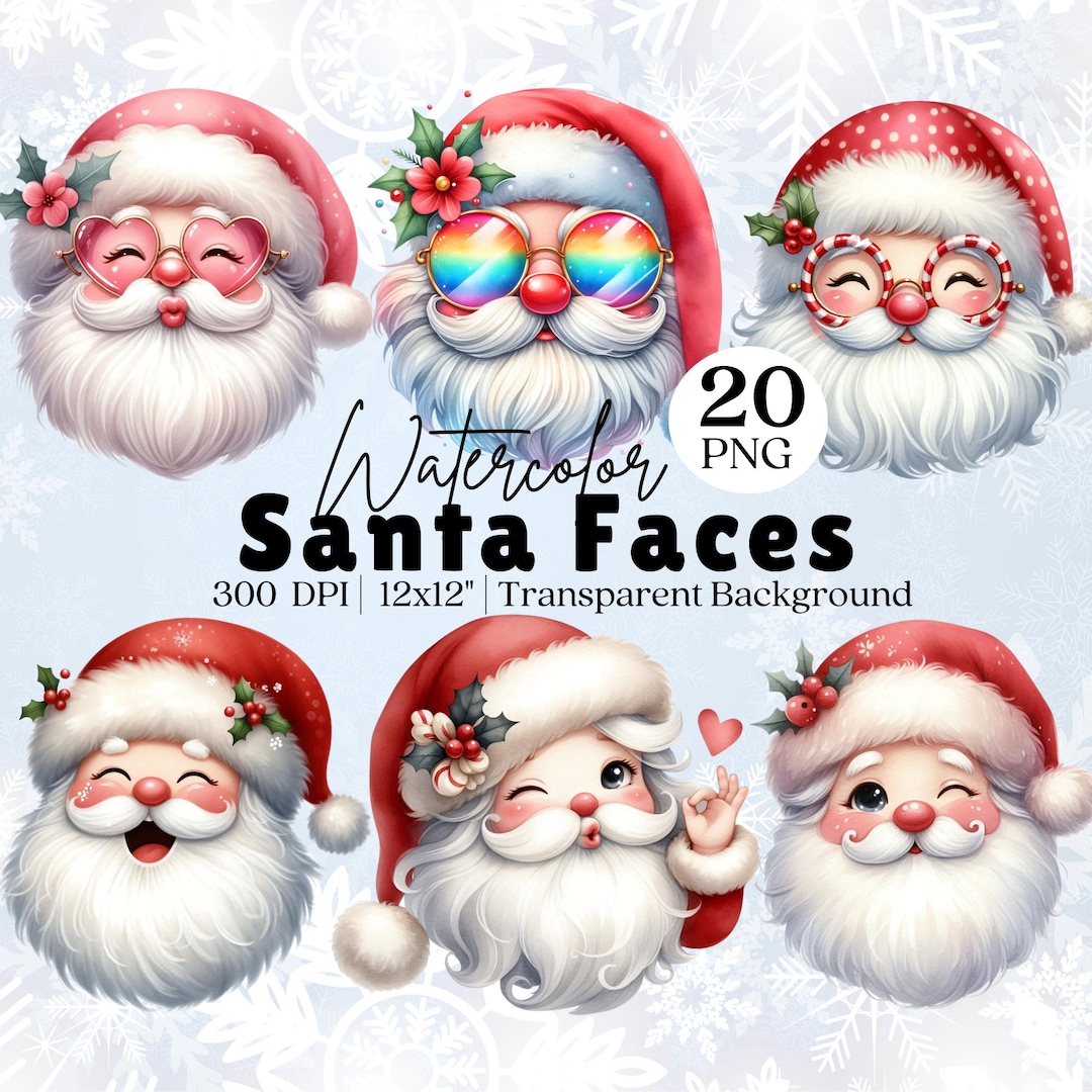 Santa Faces Clipart Bundle, Retro Santa Face Christmas PNG, Vintage ...