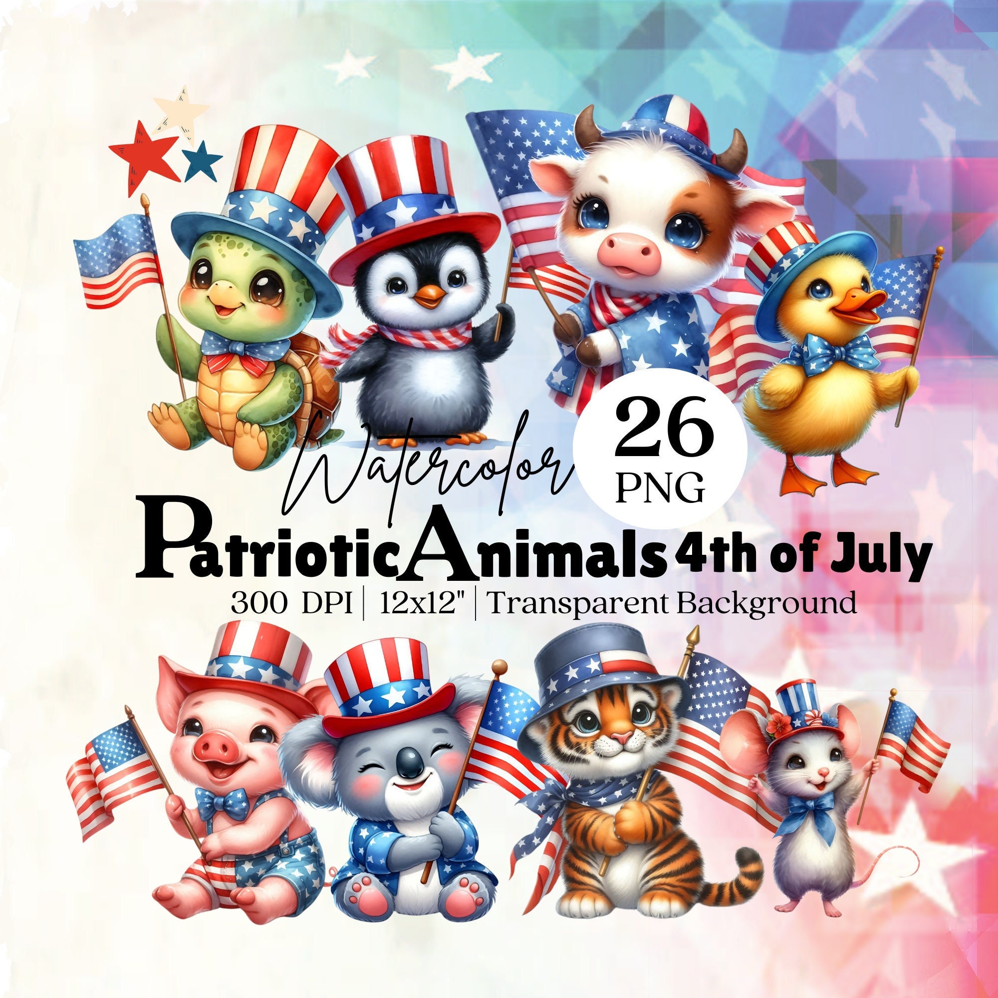 4th of July Animals Clipart Bundle, Watercolor Patriotic Animals ...