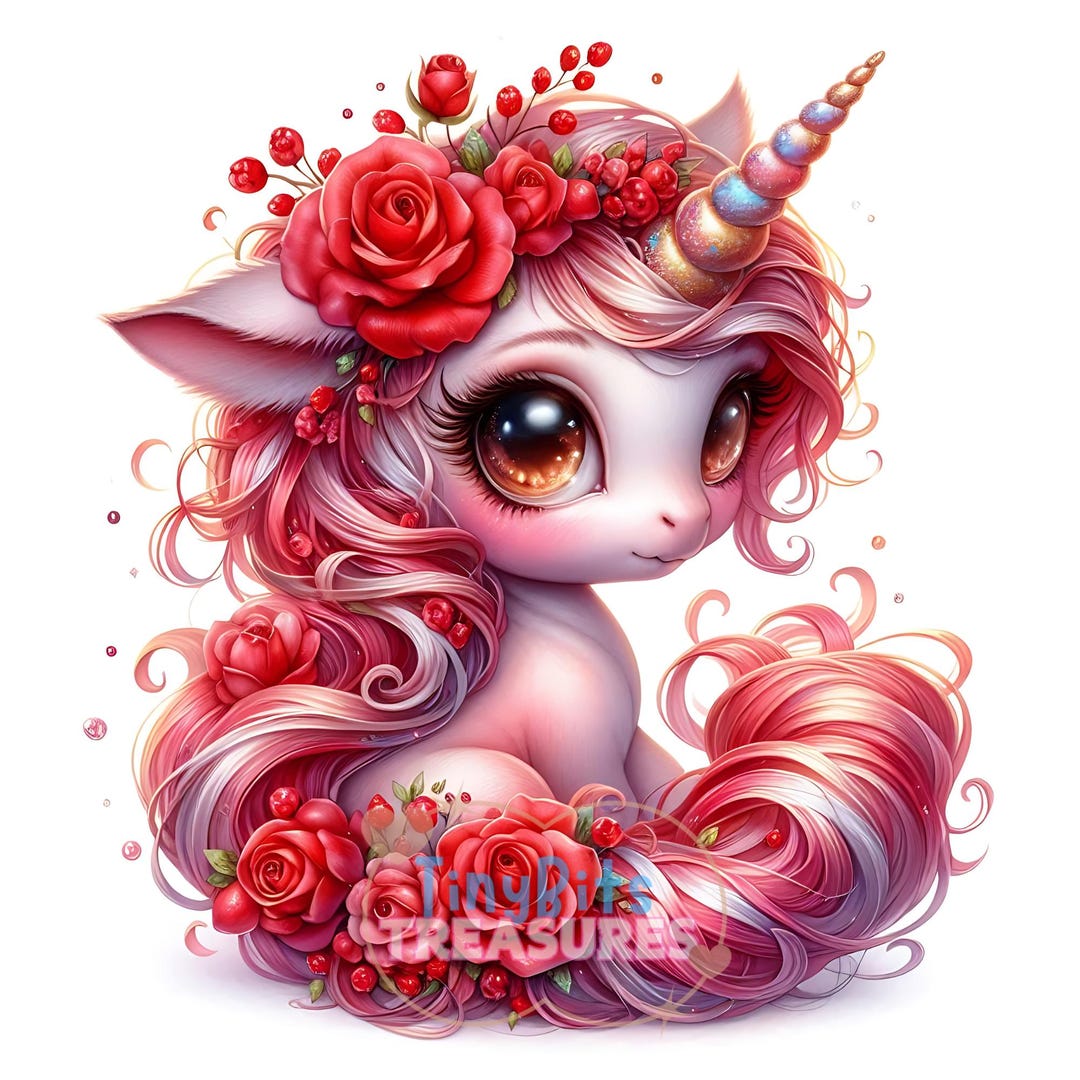 Red Rose Baby Unicorn Clipart, Cute Baby Unicorn JPG, Floral Unicorn ...