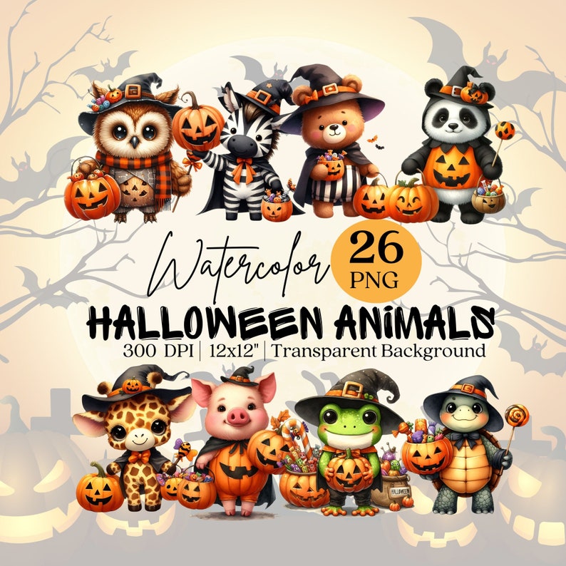 Watercolor Halloween Animals Clipart Bundle, Spooky Cute Halloween for ...