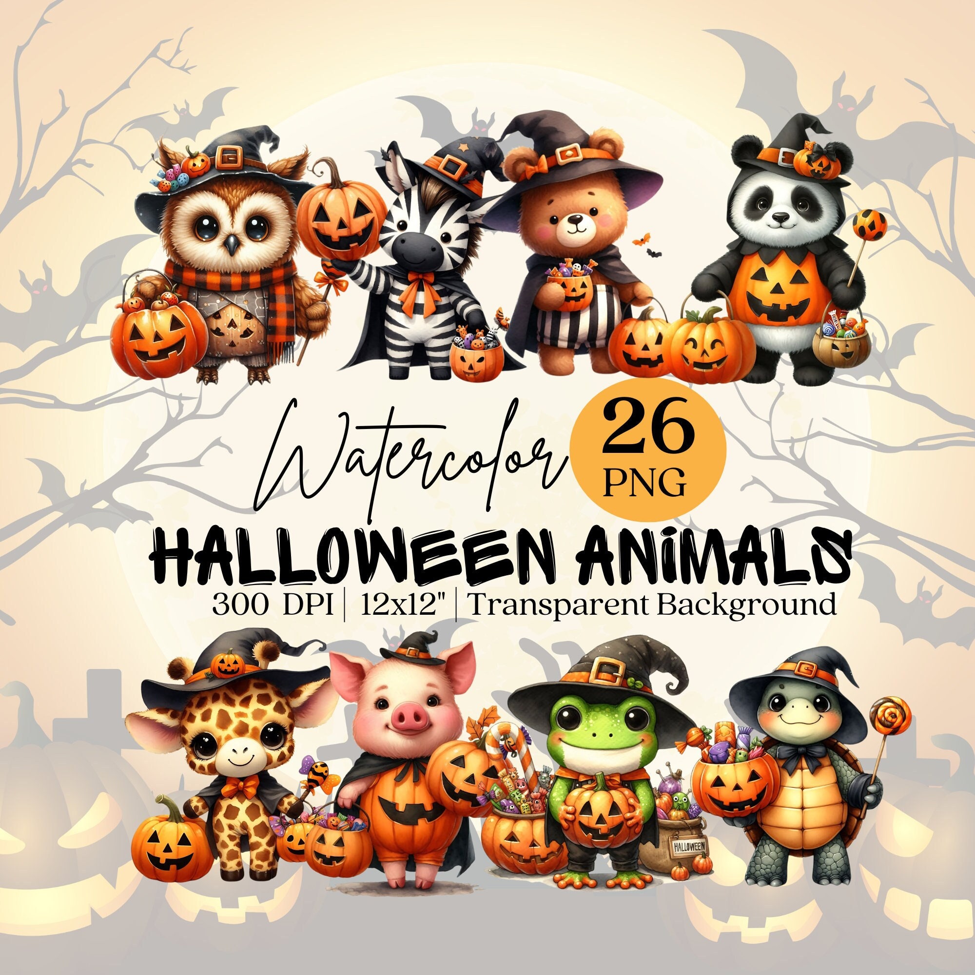 Watercolor Halloween Animals Clipart Bundle, Spooky Cute Halloween for ...