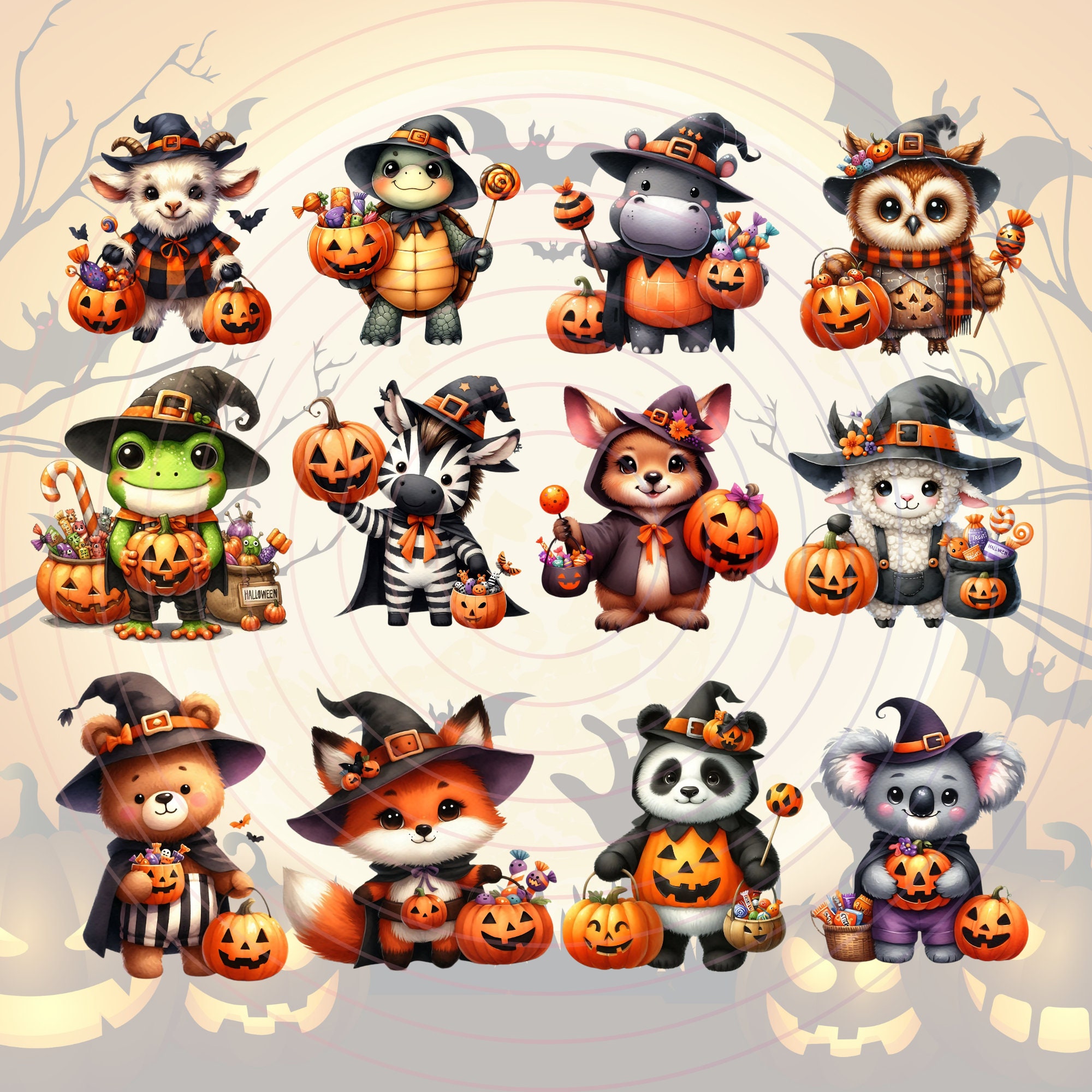 Watercolor Halloween Animals Clipart Bundle, Spooky Cute Halloween for ...