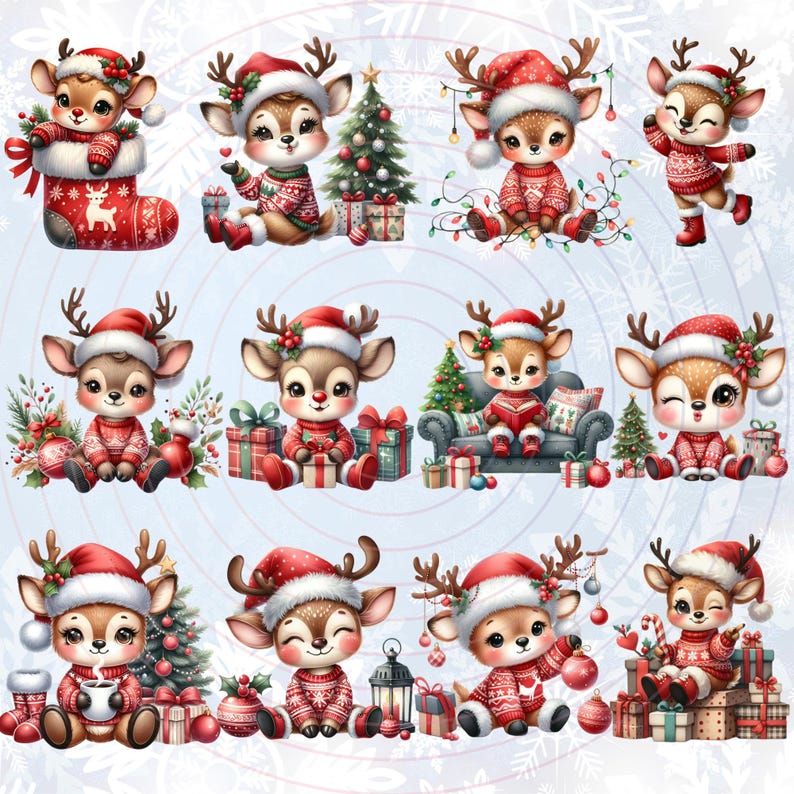 Christmas Reindeer Clipart Bundle, Cute Reindeer Christmas PNG, Cute ...
