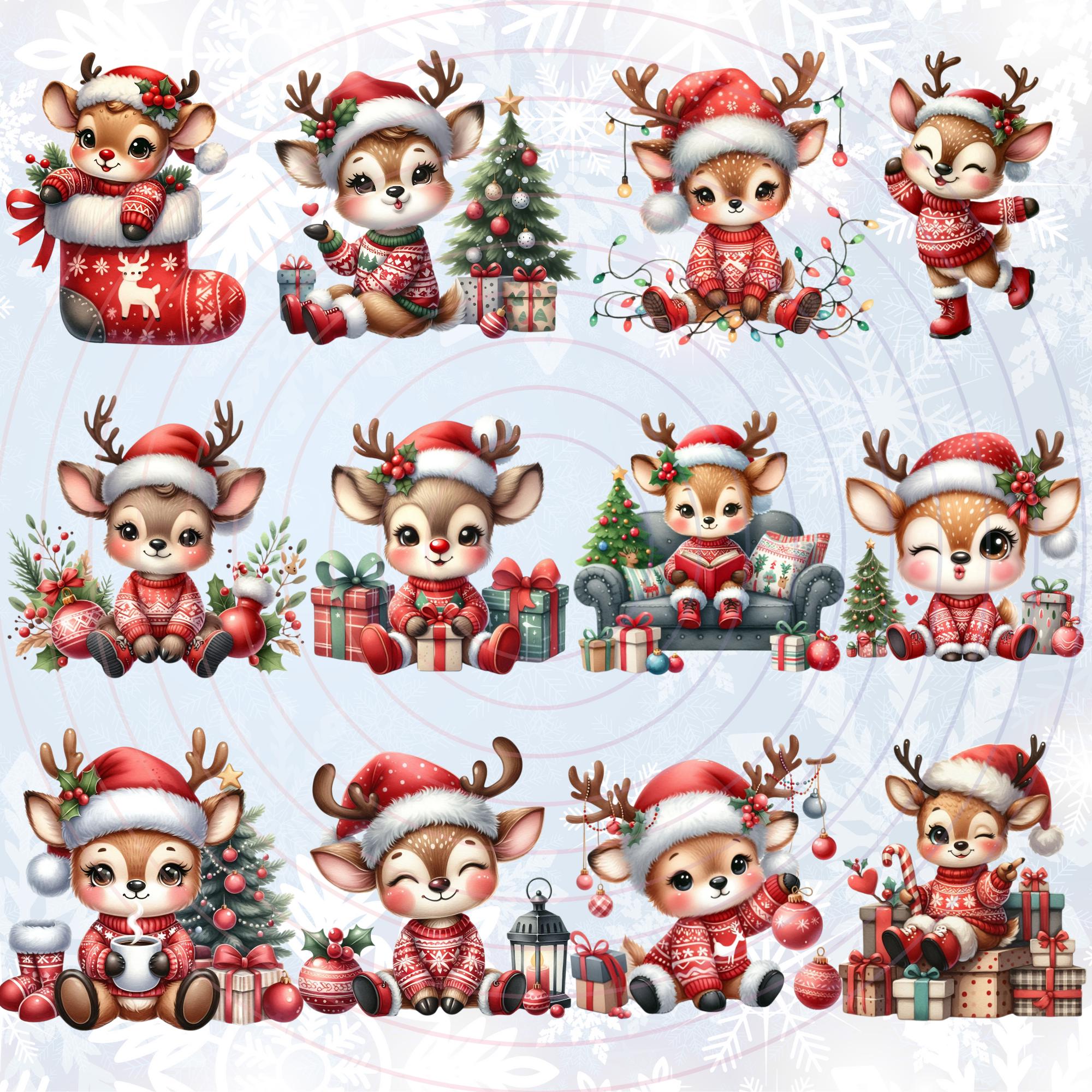 Christmas Reindeer Clipart Bundle, Cute Reindeer Christmas PNG, Cute ...