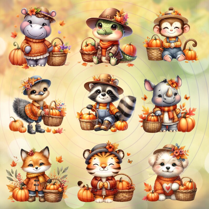 Fall Cute Animals PNG Bundle, Autumn Animals, Watercolor Baby Animals ...