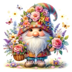 Spring Gnome Clipart, Floral Cute Gnome JPG, Whimsical Garden Gnome ...
