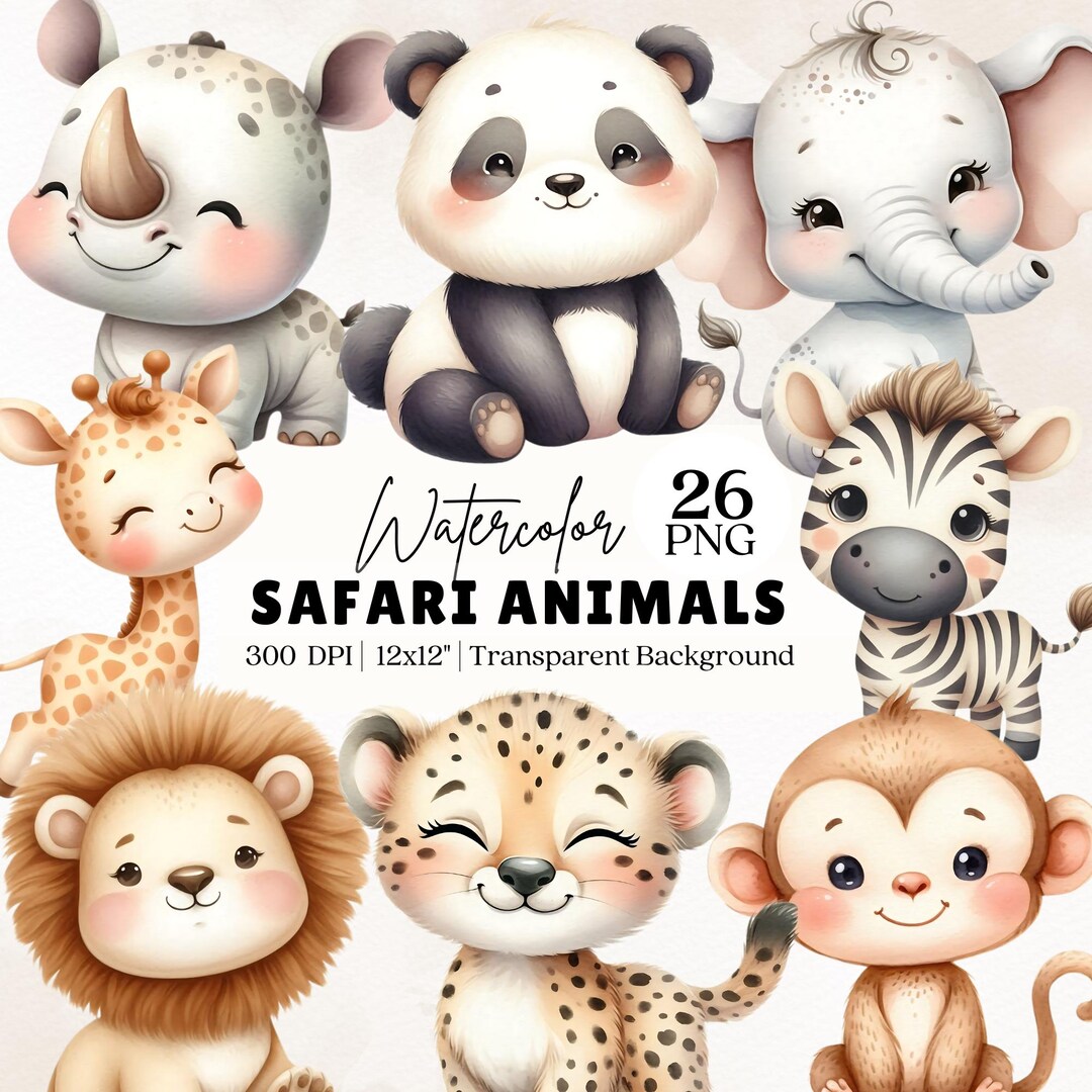 Safari Animals Clipart Bundle, Jungle Animals, Watercolor Baby Animals ...