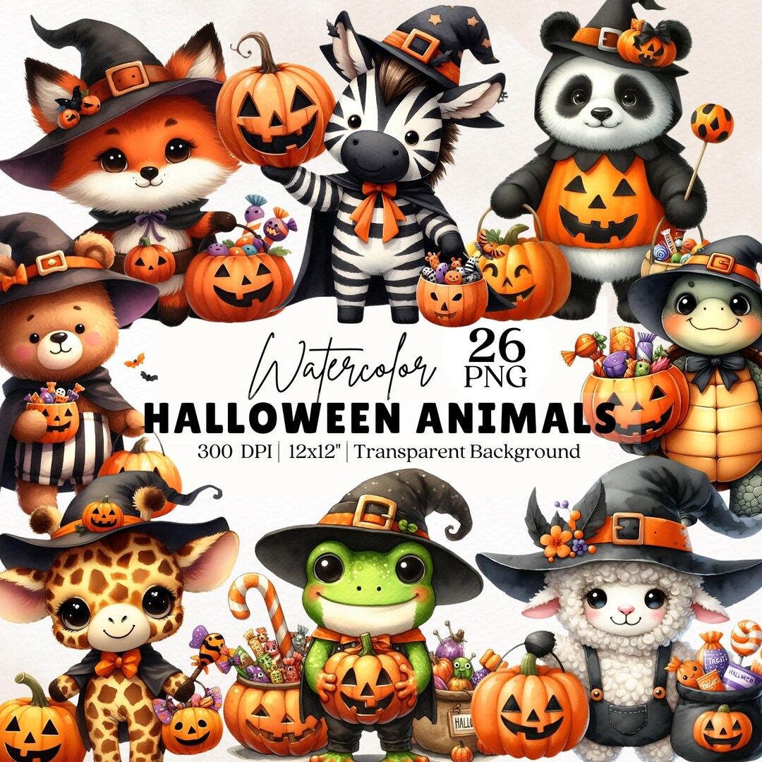 Watercolor Halloween Animals Clipart Bundle, Spooky Cute Halloween for ...