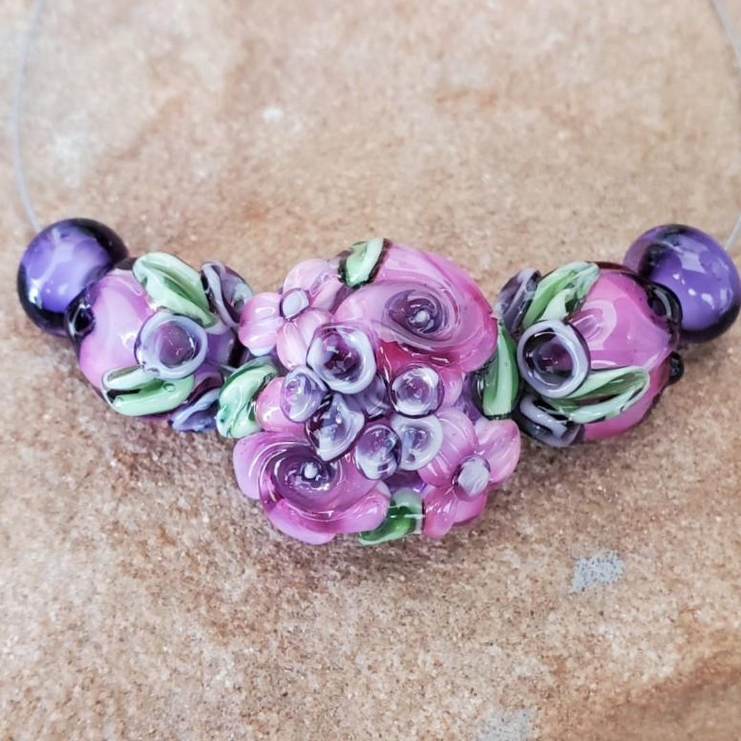 Glass Lampwork Beads, Purple/pink Roses, Garden Flower Beads, Rose Bud ...