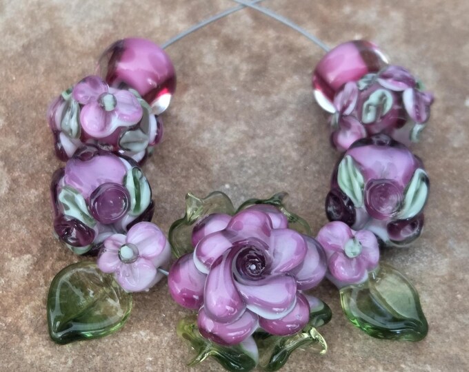 Pink Rose Lampwork Glass Beads, Handmade Flower Beads, Set of 9 | SRA ...