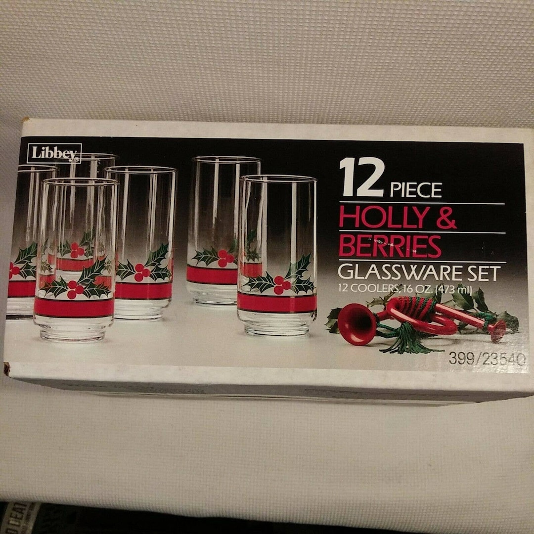 NIB 12 Pc Libbey GLASSWARE SET Holly & Berries 16 Oz Holiday Xmas ...