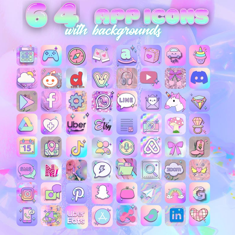 Cute Pink Holographic iPhone Android Theme With Transparent App Icons ...