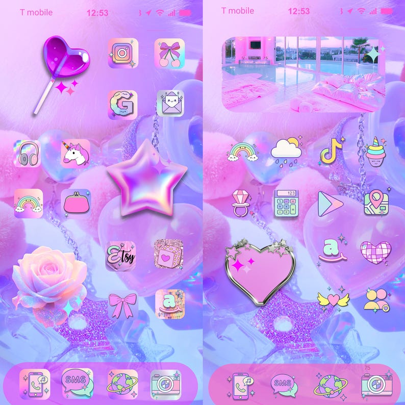 Cute Pink Holographic iPhone Android Theme With Transparent App Icons ...