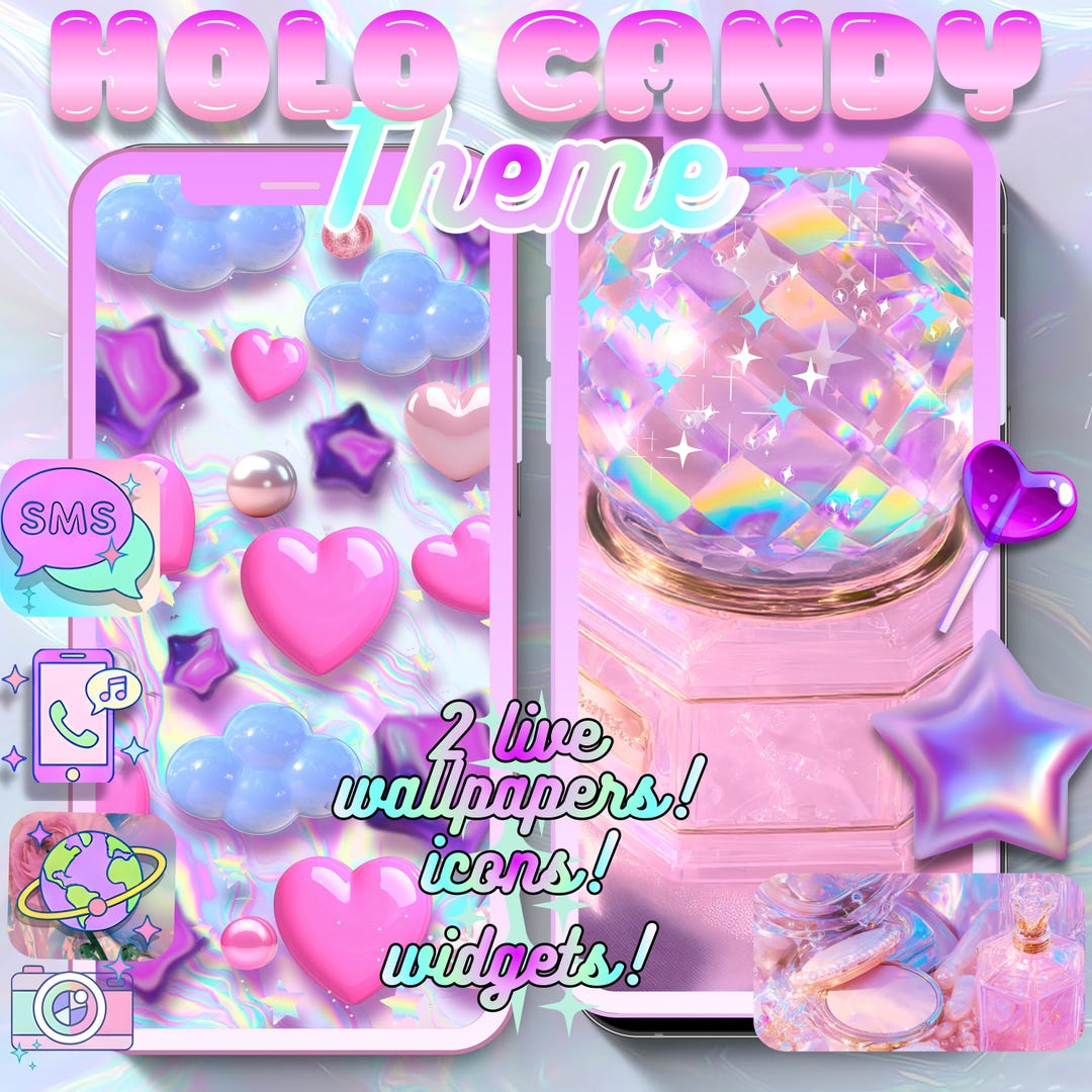 Cute Pink Holographic iPhone Android Theme With Transparent App Icons ...