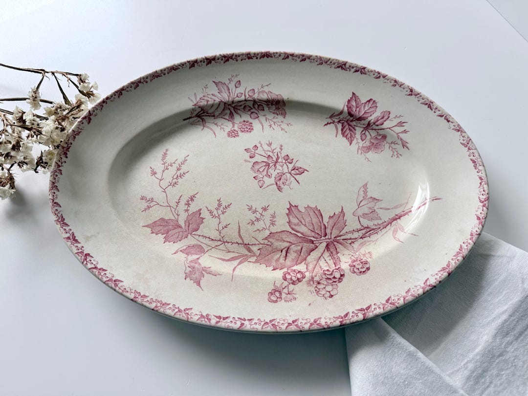Antique French Faience Oval Plate | Pink Red Bramble Transferware | T.F ...