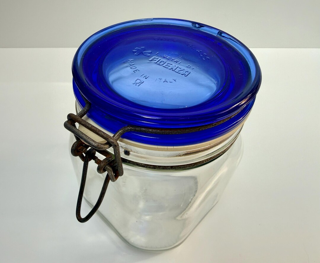 Vintage Fidenza Glass Jar – Italian Cobalt Blue Lid, Wire Bail Closure ...