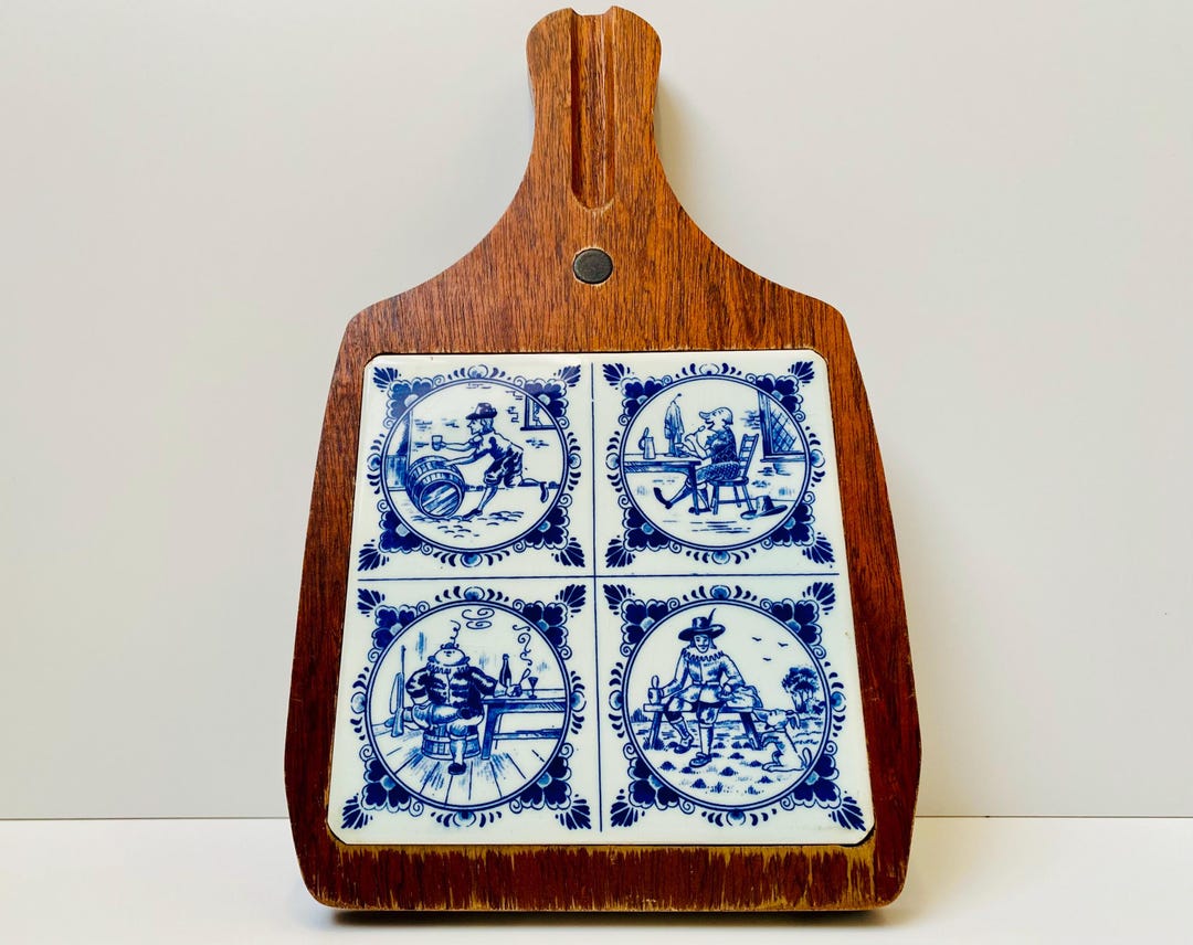 DELFT Wooden Cheese Board With Blue Ceramic Tile Place for Knife With ...