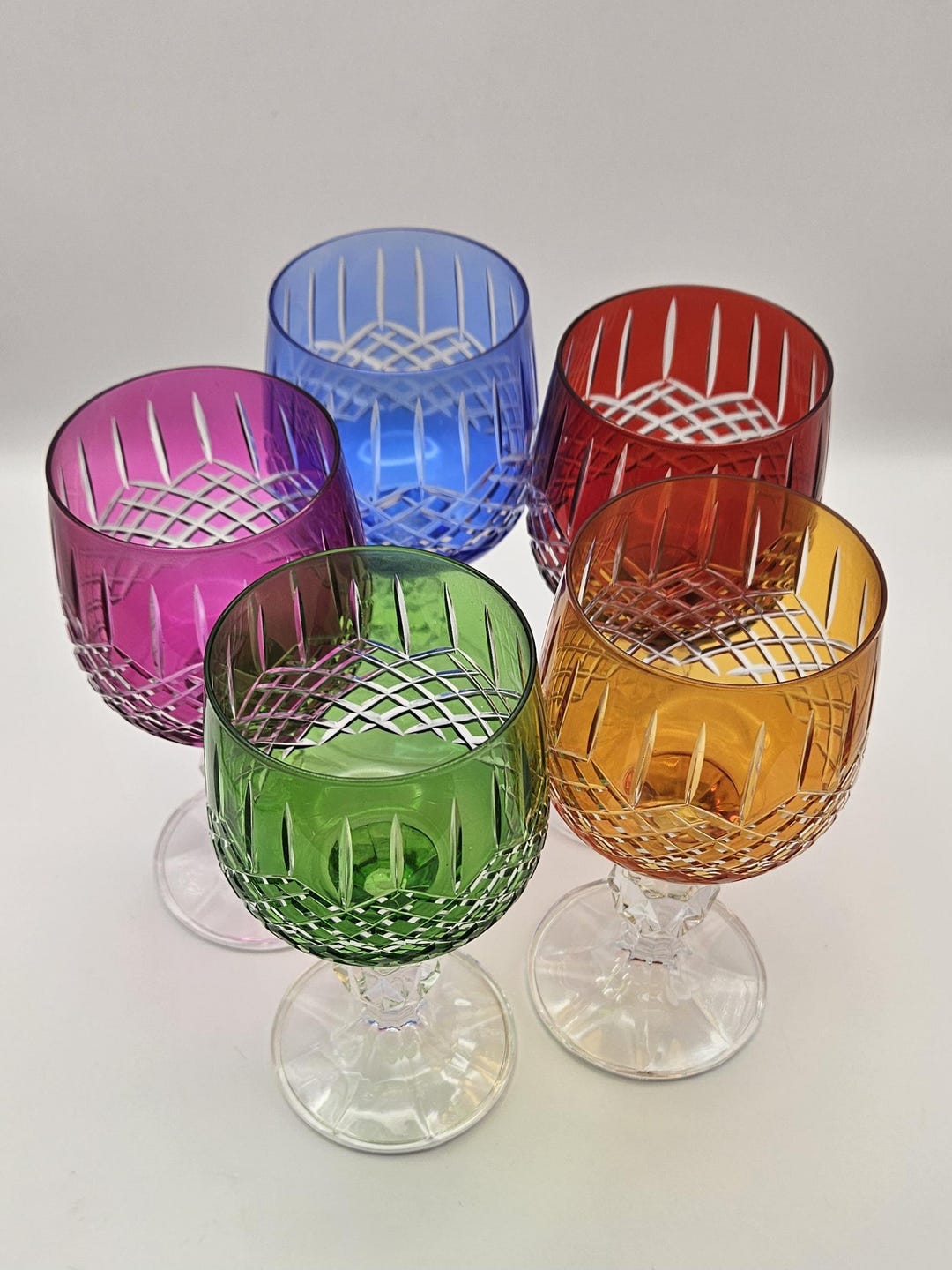 Set of 5 Czech Bohemia Crystal Coloured Glasses – Diamond Cut Pattern ...