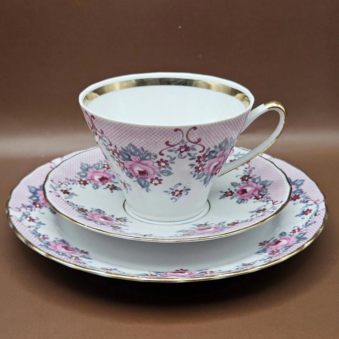 Vintage Bone China Pink & Gold Coffee Trio - Riga Porcelain Factory RPR ...