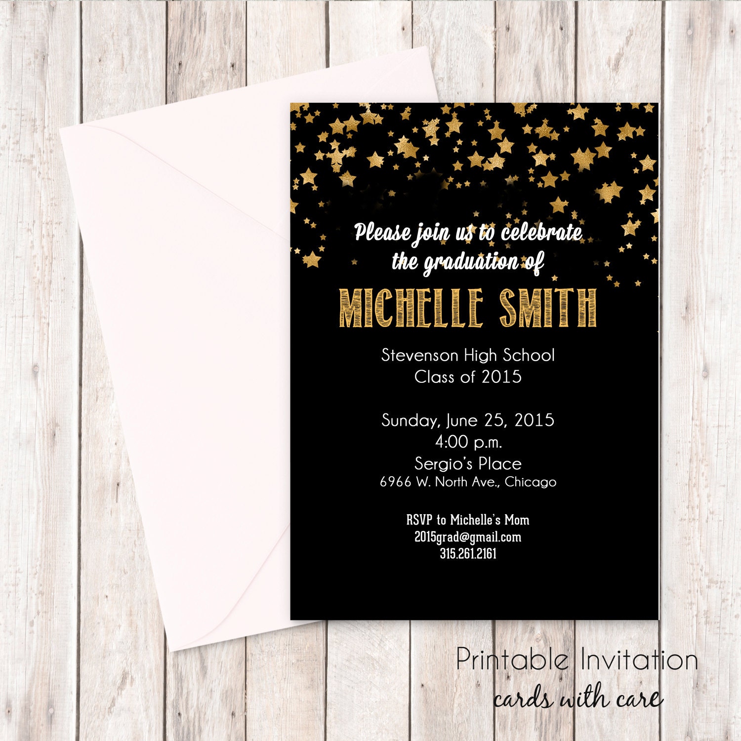 Gold Stars Printable Graduation Invitation, JPEG File, Print Yourself ...