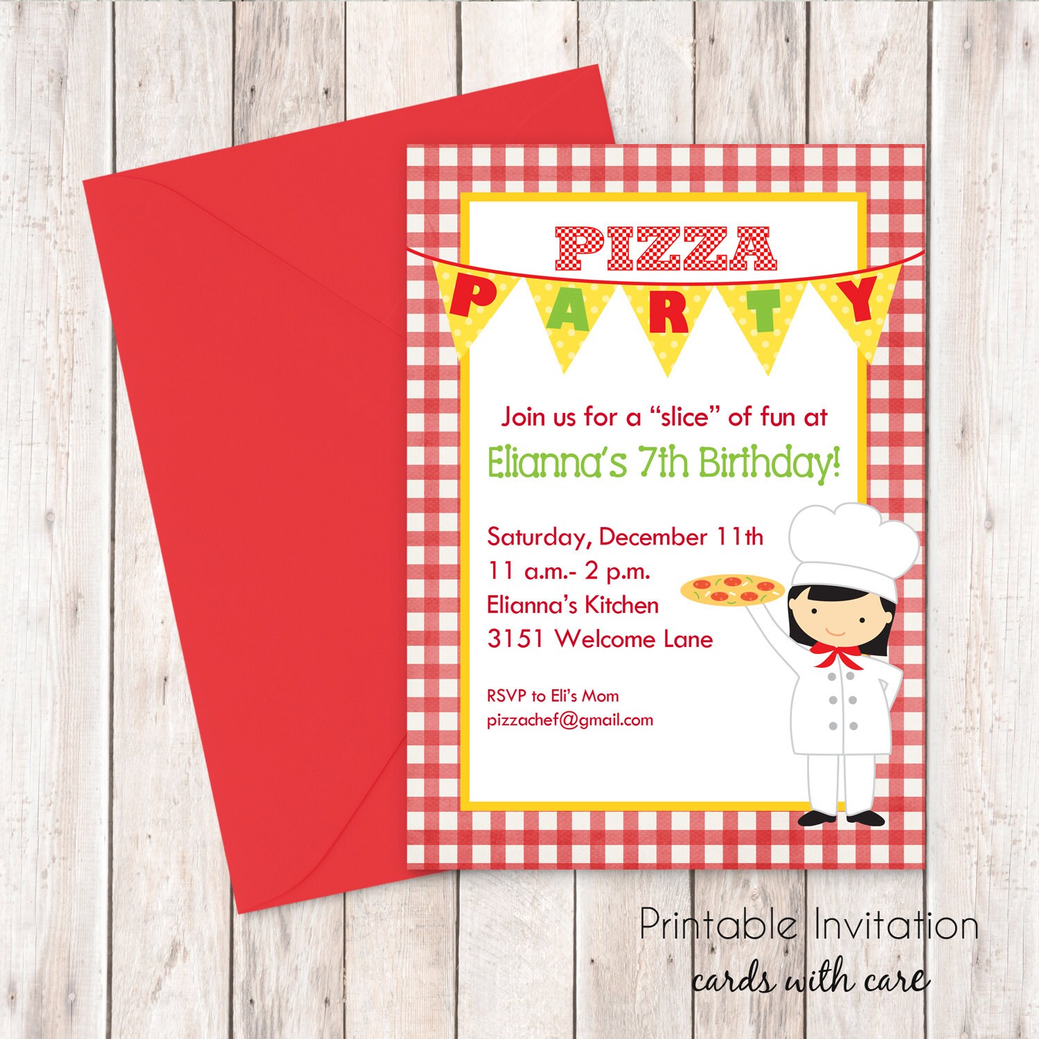 Pizza Party Invitation, Printable Invitation, Kids Birthday Invitation ...