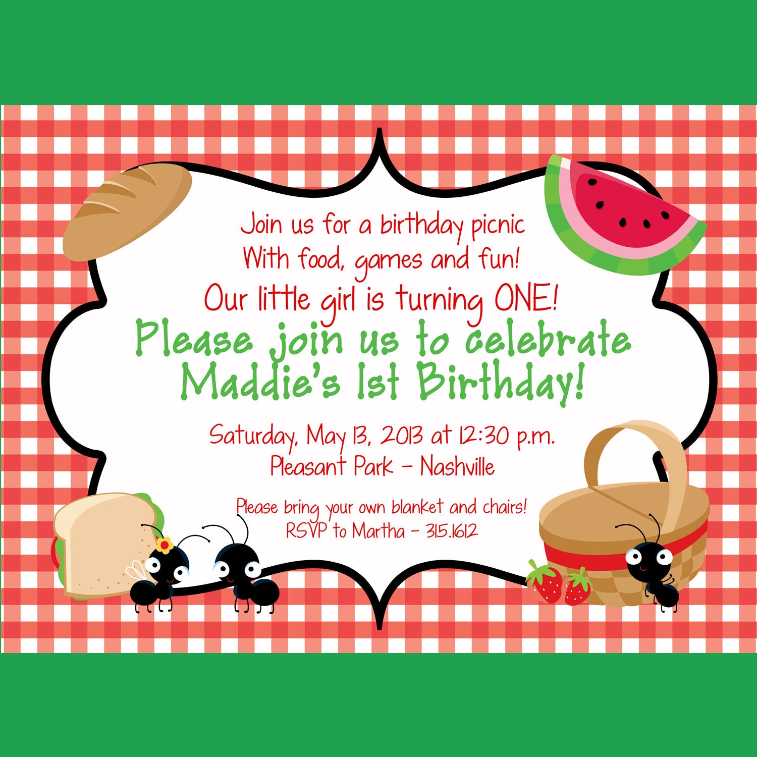 Picnic Invitation, Printable Invitation Design, Custom Wording, JPEG ...