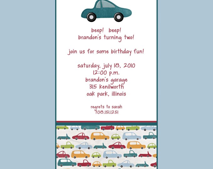 Cars Invitation, 12 Invitations 4x8 Inches With Envelopes, Custom ...