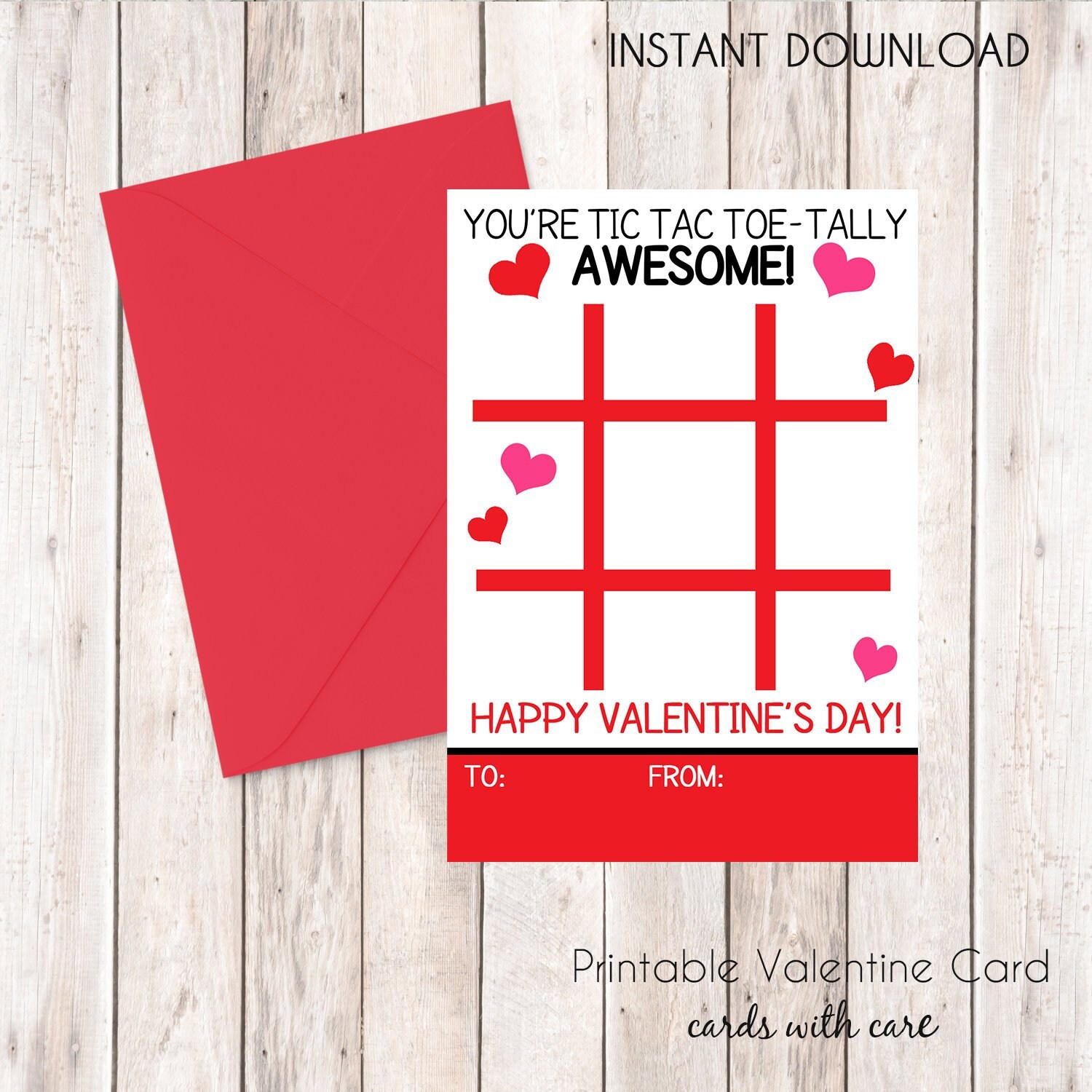 Tic Tac Toe Valentine Card, Printable Instant Download Cards Digital ...