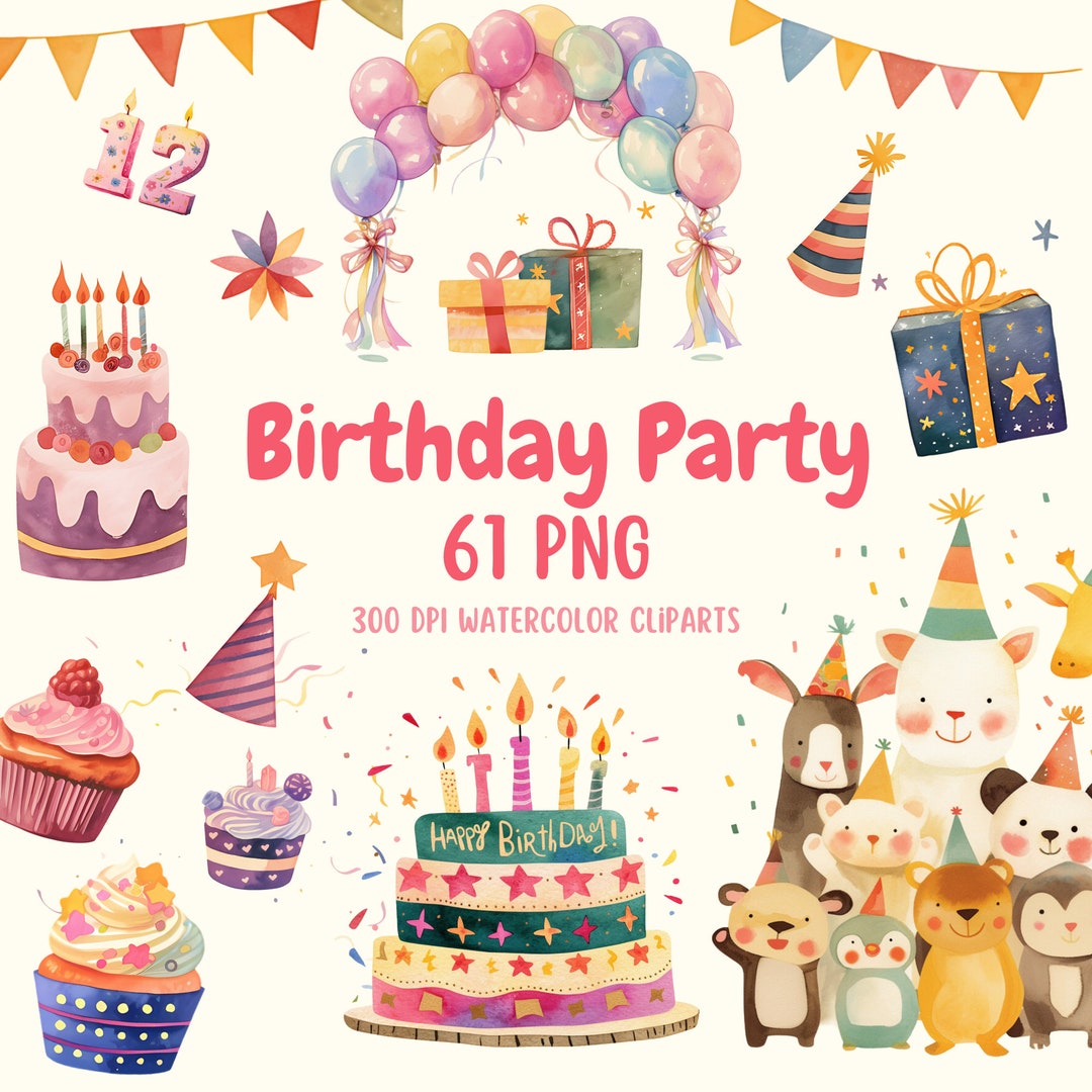 Watercolor Birthday Party Clipart Bundle / Cute Arts / Watercolor Cake ...