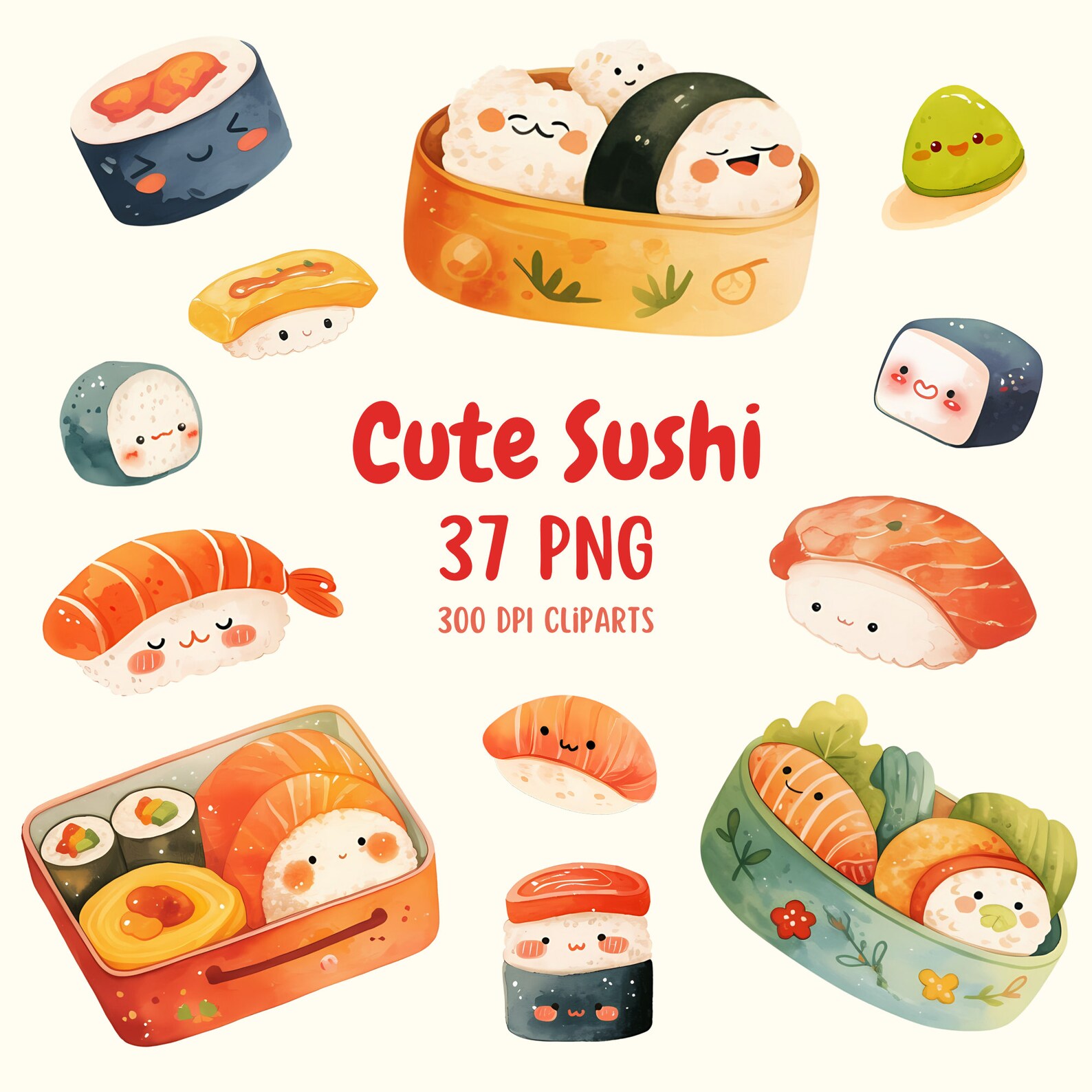 Watercolor Sushi Roll Clip Art, Japan Kawaii Clipart, Cute Food ...
