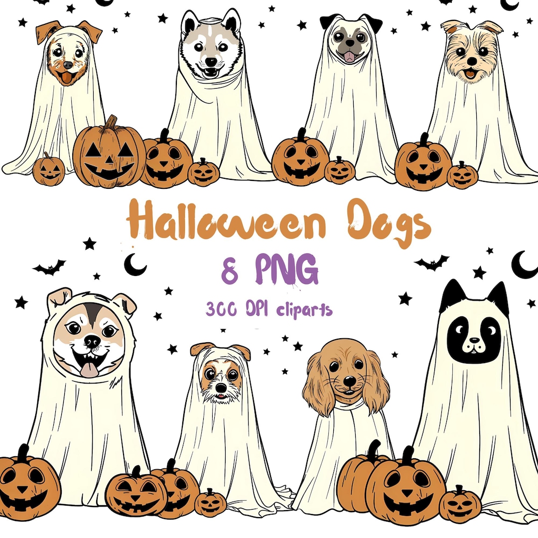Halloween Cute Ghost Sheet Dogs Clipart Bundle / Cute Vintage Arts ...
