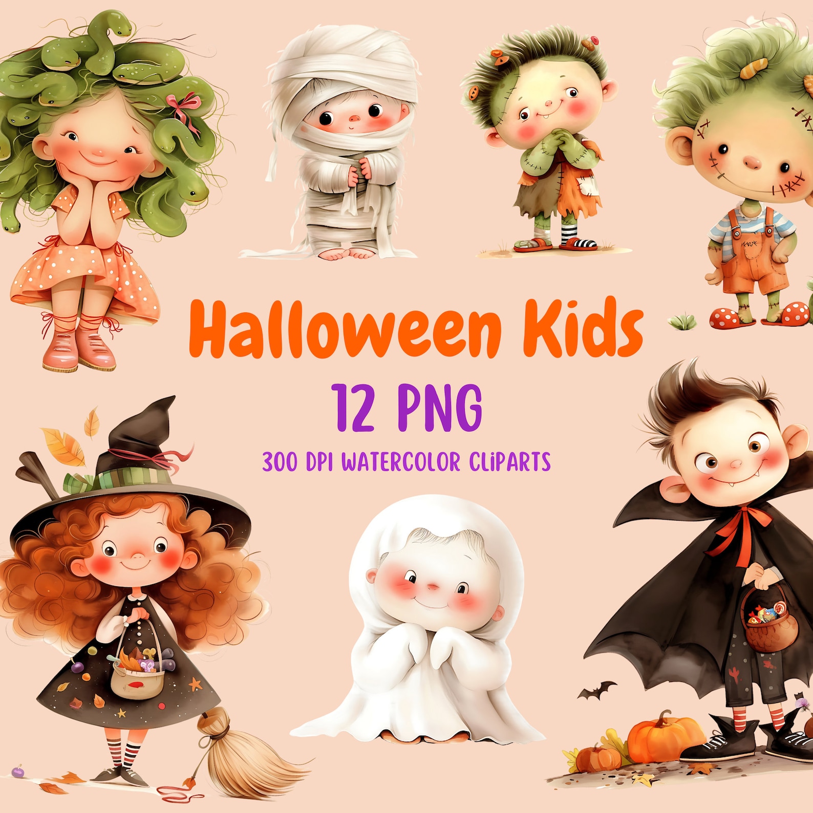 Watercolor Halloween Kids Clipart Bundle / Cute Arts / Vampire, Witch ...