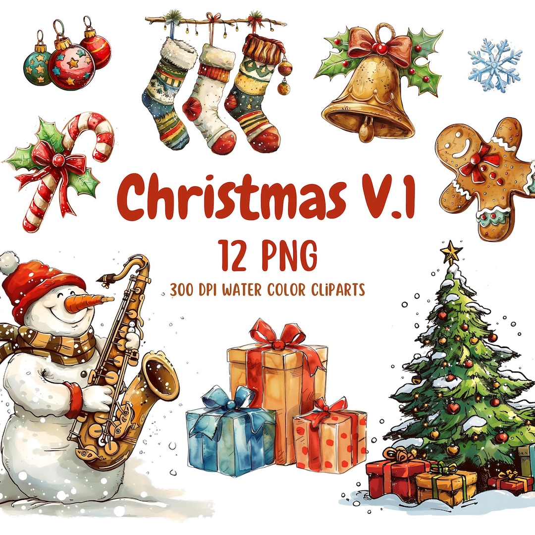 Watercolor Cute Christmas Clipart Bundle / Cute Xmas Tree, Santa ...