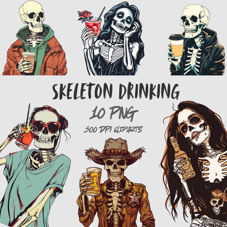 Skeleton Drinking Clipart Bundle / Halloween Art / Coffee, Tea, Wine ...