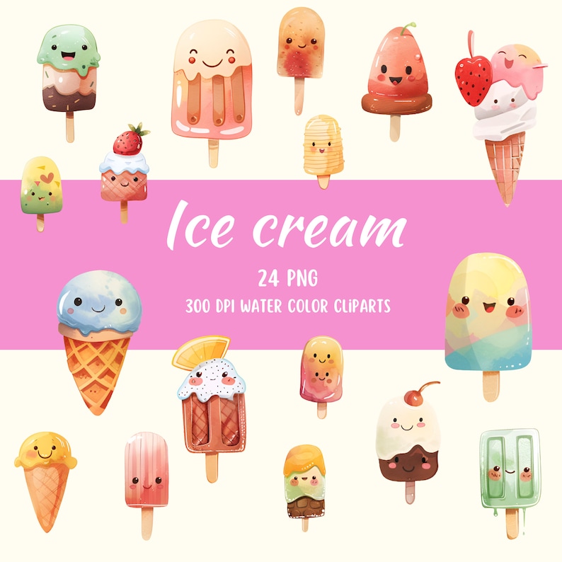 Watercolor Ice Cream Clip Art, Summer Clipart, Dessert Cute ...